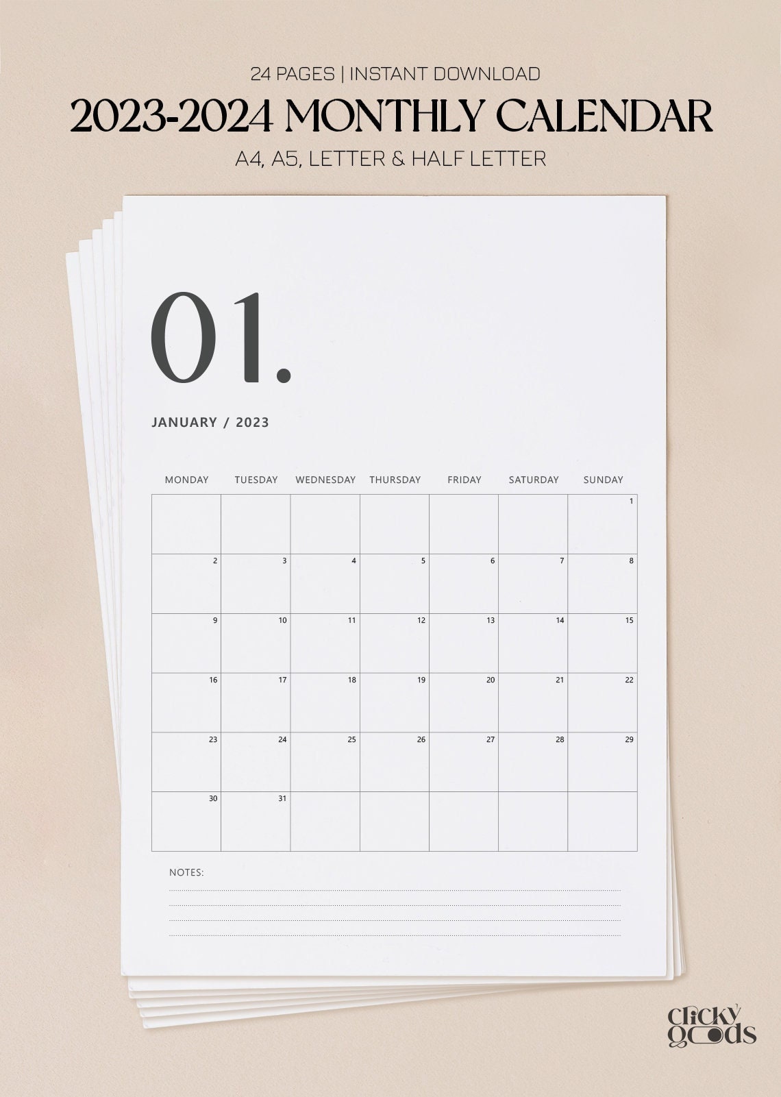 2023-2024 Monthly Calendar Printable Minimalist Vertical Desk Calendar ...