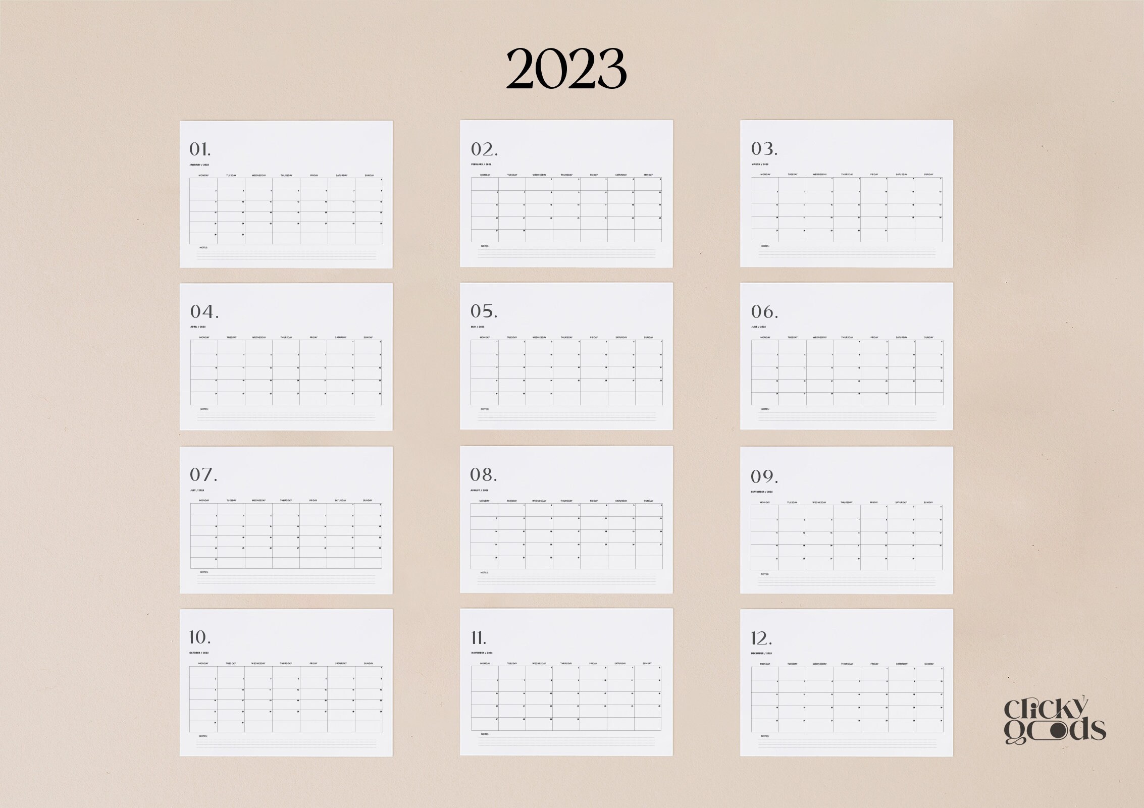 2023-2024 Monthly Calendar Printable Minimalist Horizontal Desk ...
