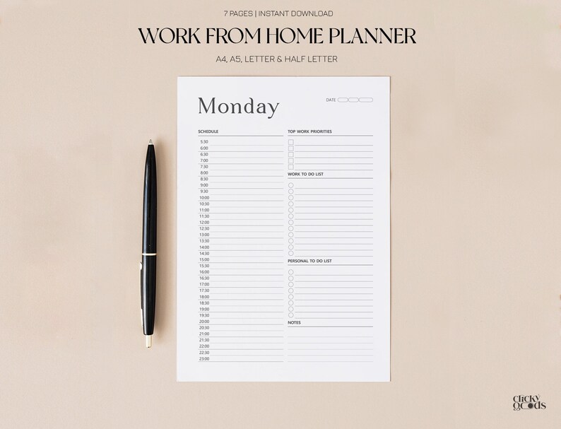 Vertical Work From Home Printable Planner Daily Planner Template ...