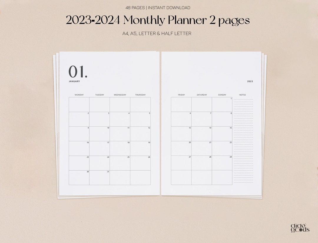 Printable Monthly Calendar on Two Pages With Notes Printable Calendar ...