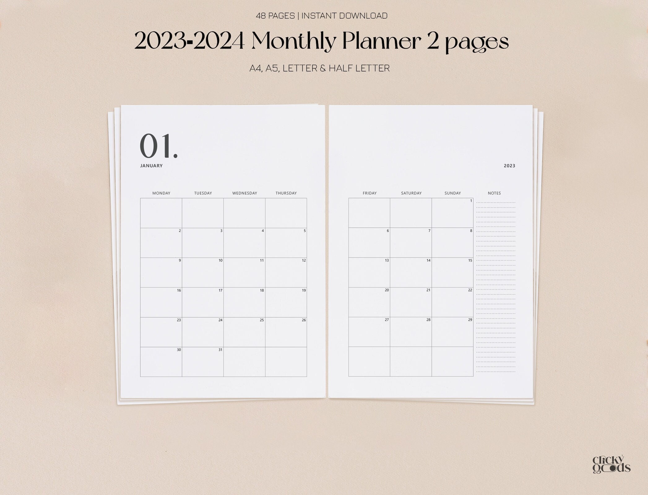 Printable Monthly Calendar on Two Pages With Notes Printable Calendar ...