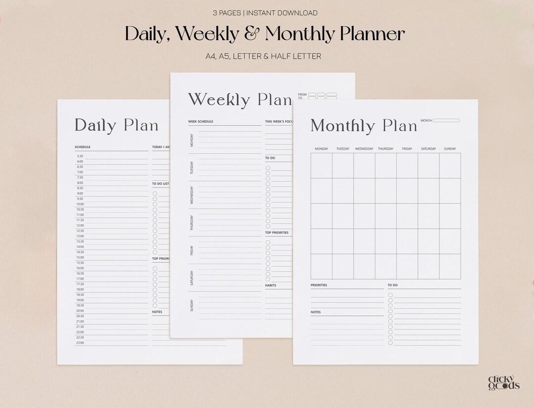 Printable Daily Planner, Weekly Planner, Monthly Planner Instant ...