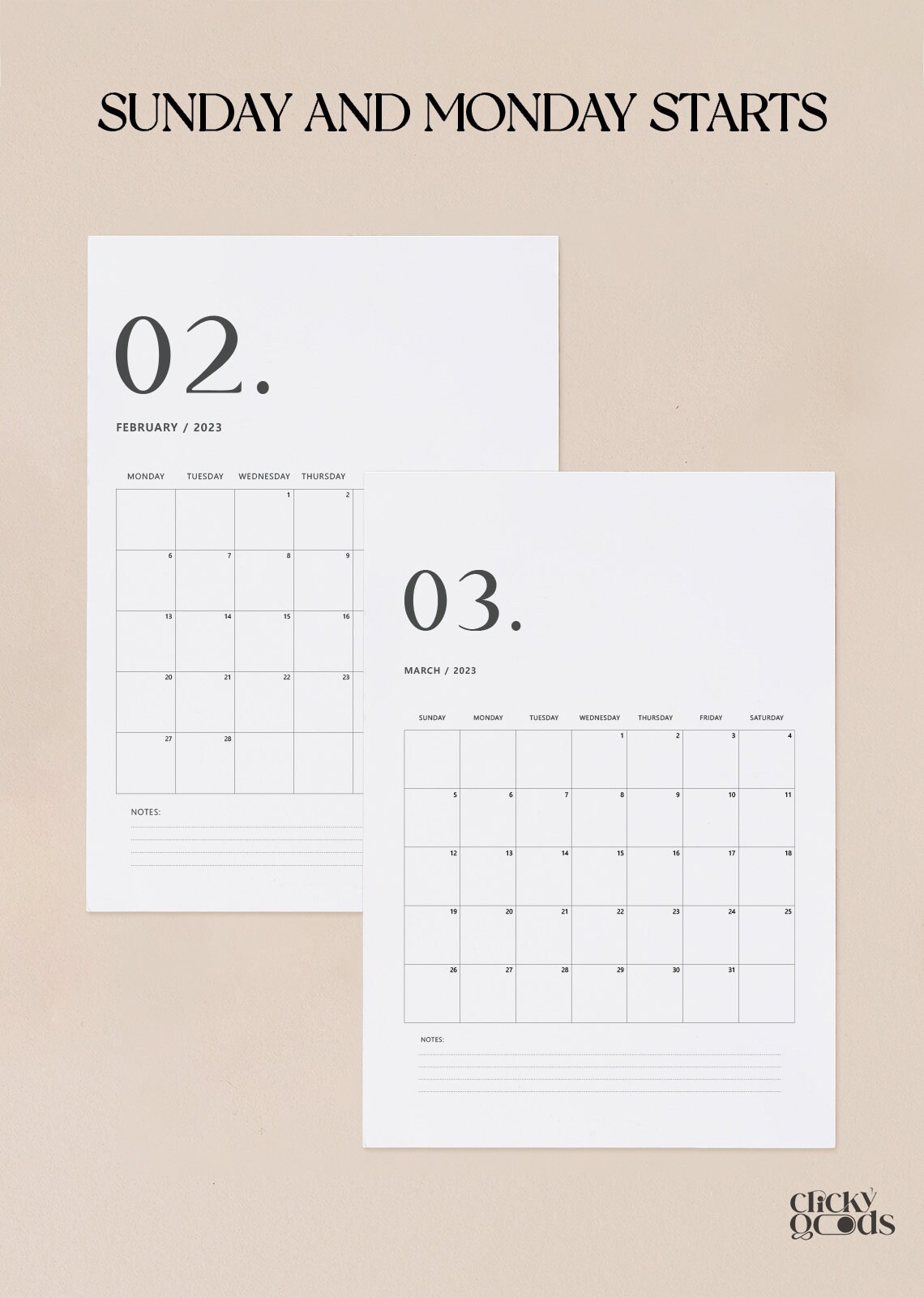 2023-2024 Monthly Calendar Printable Minimalist Vertical Desk Calendar ...