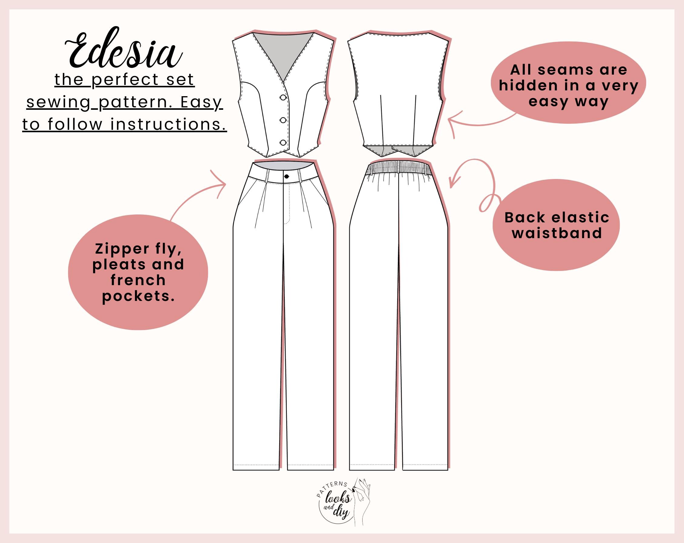 Two-piece Suit Vest & Pants Sewing Pattern, Womens Suit V-neck Buttoned ...