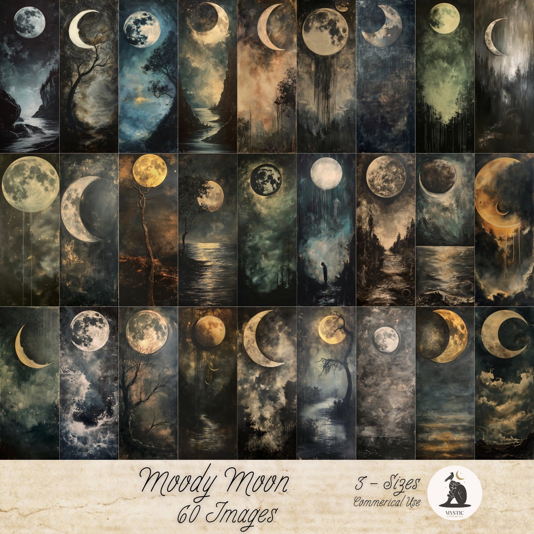 Moody Moon - 60 Images (3 Sizes) // Vintage Painting // Scrapbook Images // Digital Collage ...
