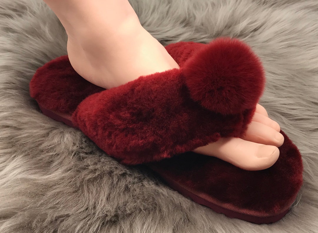 Sheepskin Fluffy Flip-flop With Pong Pong Front (various Colours) - Etsy