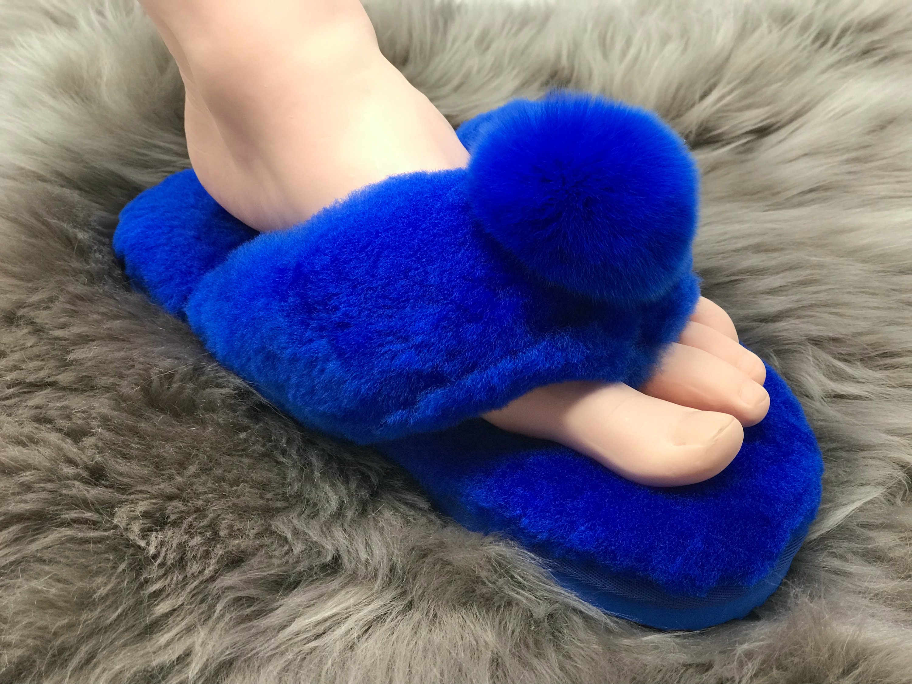 Sheepskin Fluffy Flip-flop With Pong Pong Front (various Colours) - Etsy