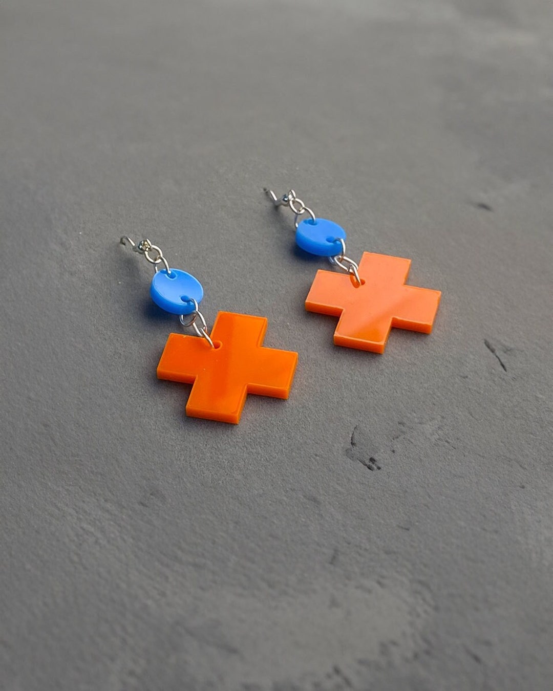Vibrant Orange and Blue Cross Dangle Earrings Unique Statement ...