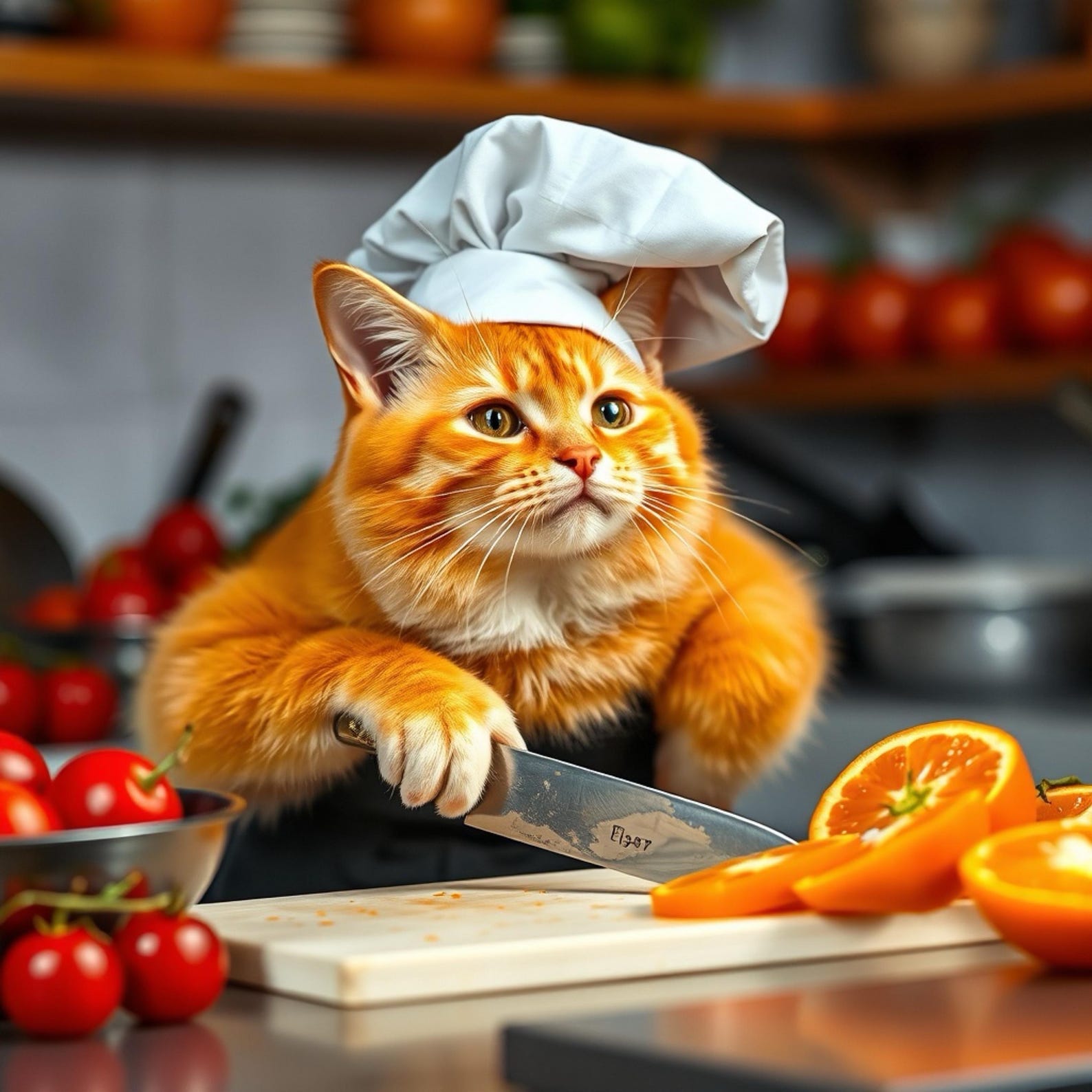 Cute Orange KITTY With Chef’s Hay in the Kitchen Cutting Tomatoes - Etsy