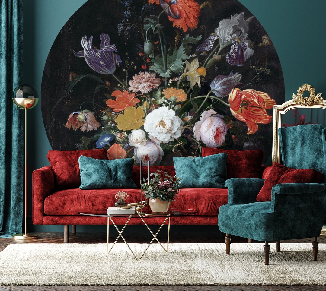 Round Floral Wallpaper Dutch Still Life Peel Stick Wall Decor Circle ...