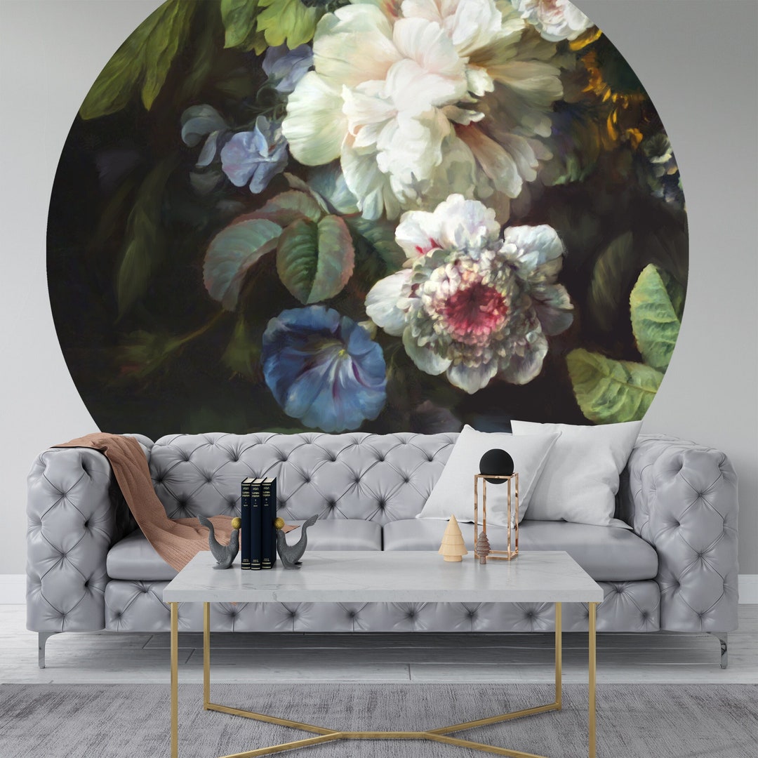 Dark Floral Round Wallpaper: Peel and Stick Wall Decor - Etsy