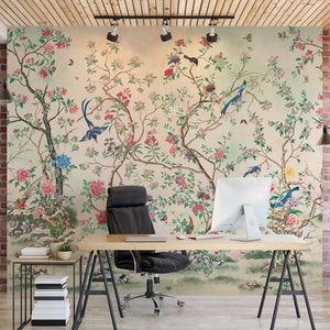 Vintage Asian Magpie Chinoiserie Mural: Peel and Stick Removable Floral ...