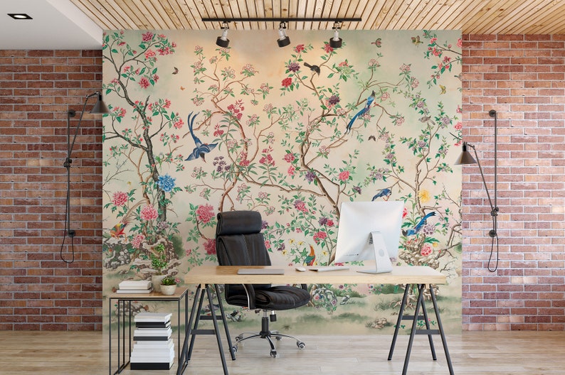 Vintage Asian Magpie Chinoiserie Mural: Peel and Stick Removable Floral ...