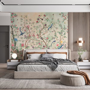 Vintage Asian Magpie Chinoiserie Mural: Peel and Stick Removable Floral ...