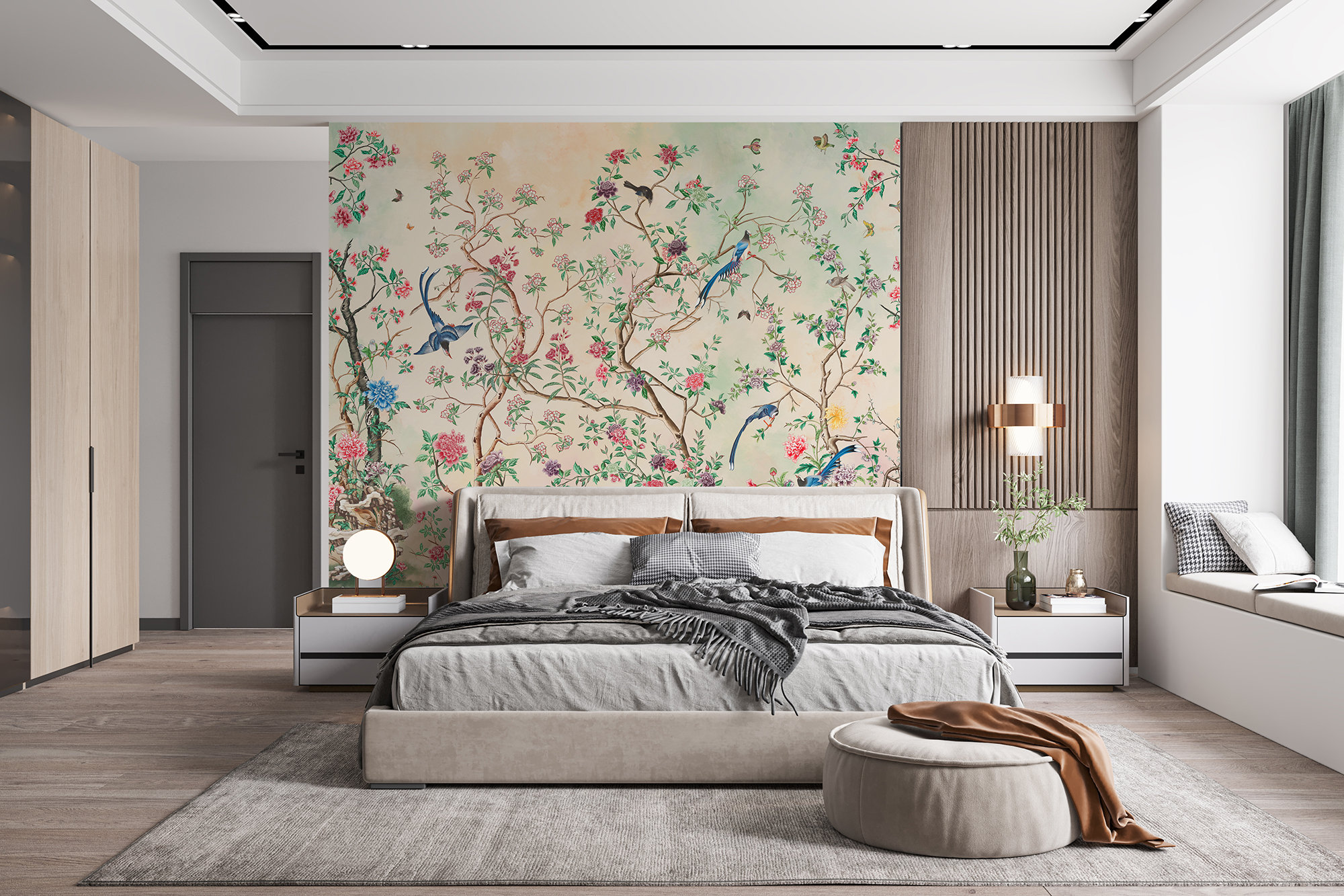 Vintage Asian Magpie Chinoiserie Mural: Peel and Stick Removable Floral ...