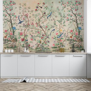 Vintage Asian Magpie Chinoiserie Mural: Peel and Stick Removable Floral ...