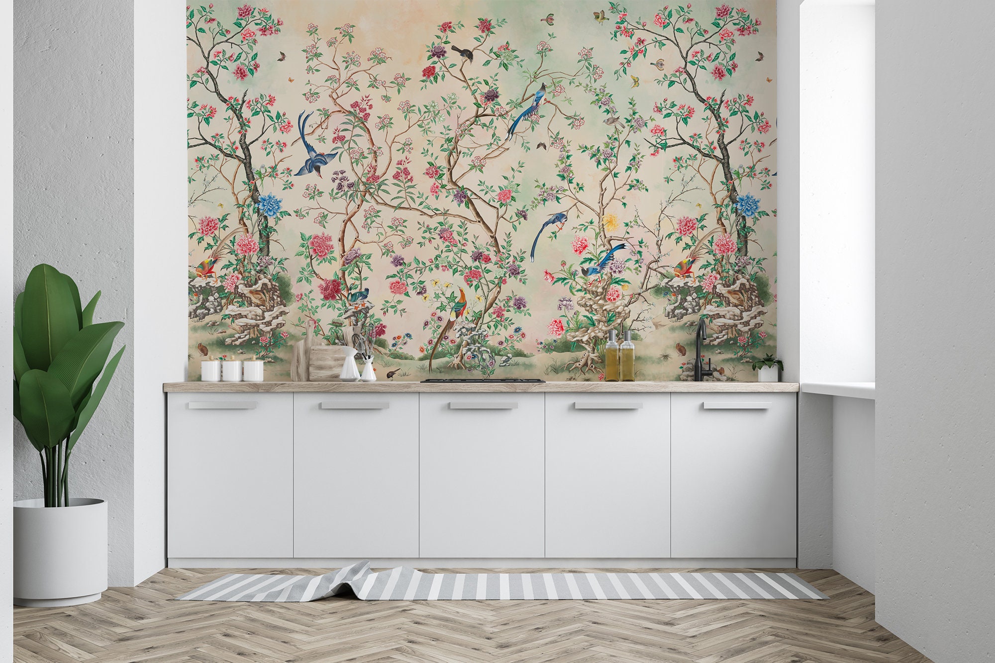 Vintage Asian Magpie Chinoiserie Mural: Peel and Stick Removable Floral ...