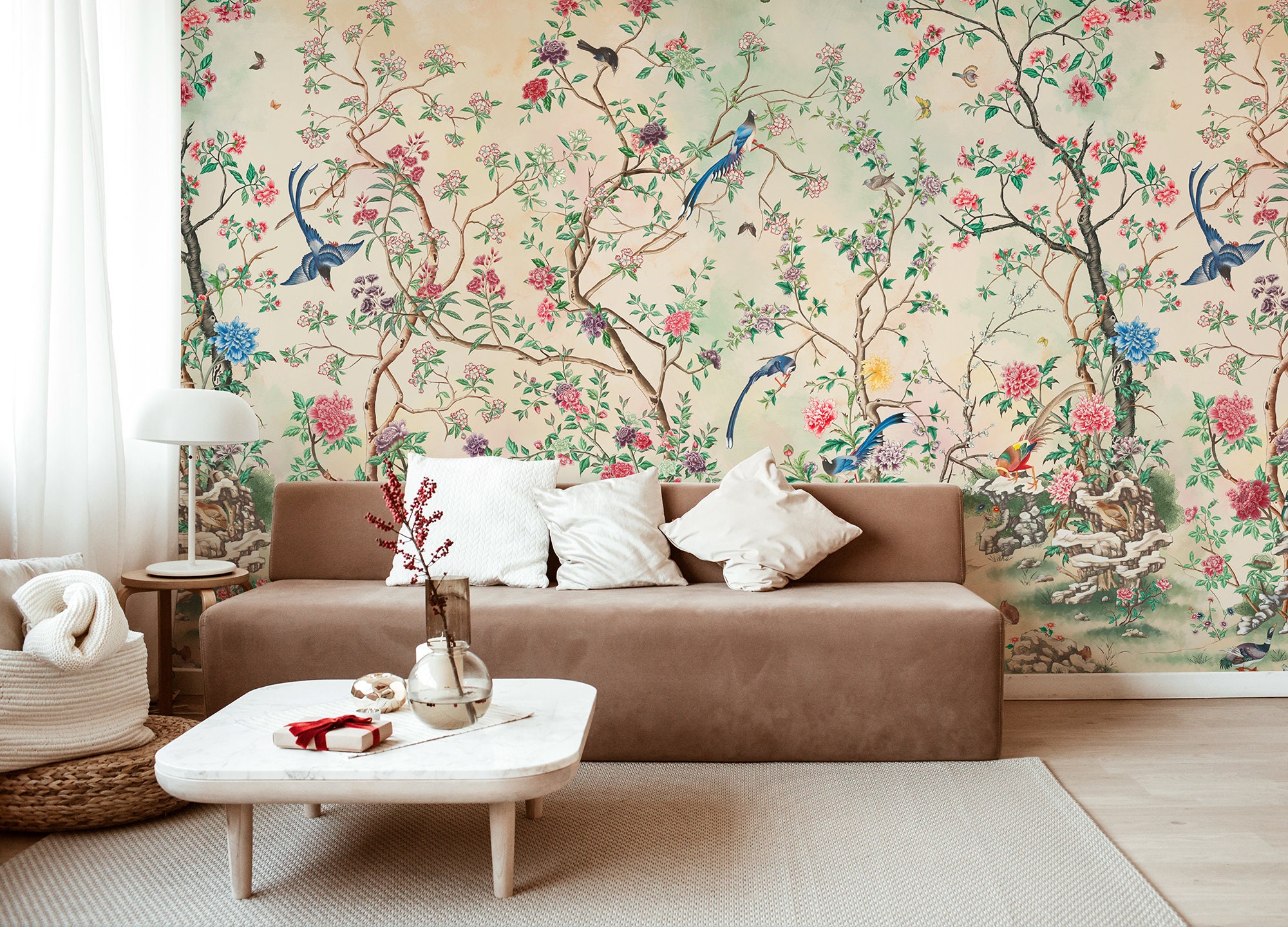 Vintage Asian Magpie Chinoiserie Mural: Peel and Stick Removable Floral ...