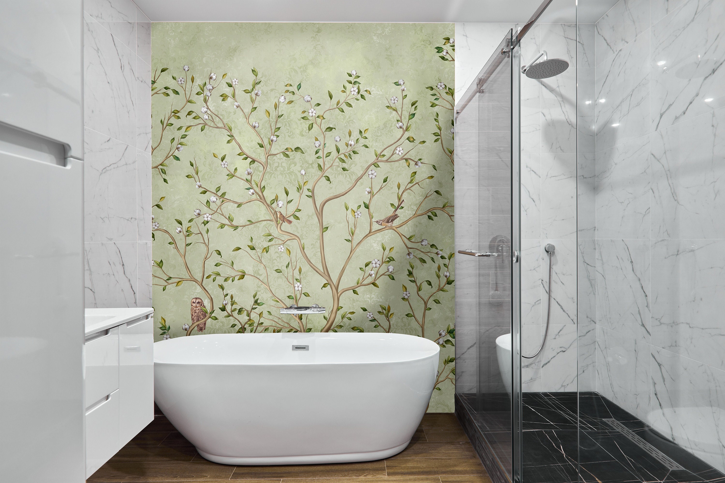 Cotton Trees Wallpaper: Birds Plants Mural, Peel Stick Self Adhesive ...
