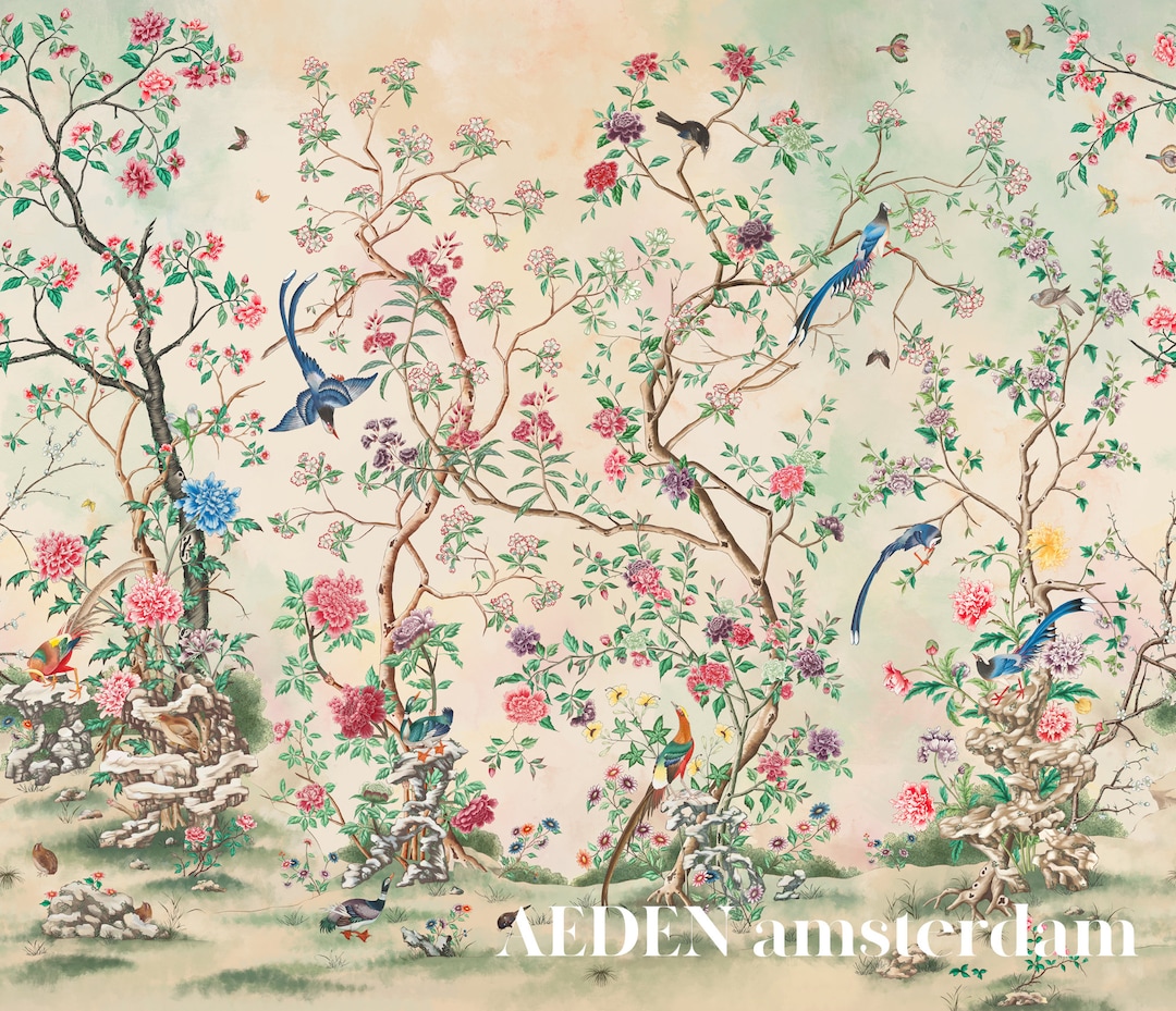 Vintage Asian Magpie Chinoiserie Mural: Peel and Stick Removable Floral ...