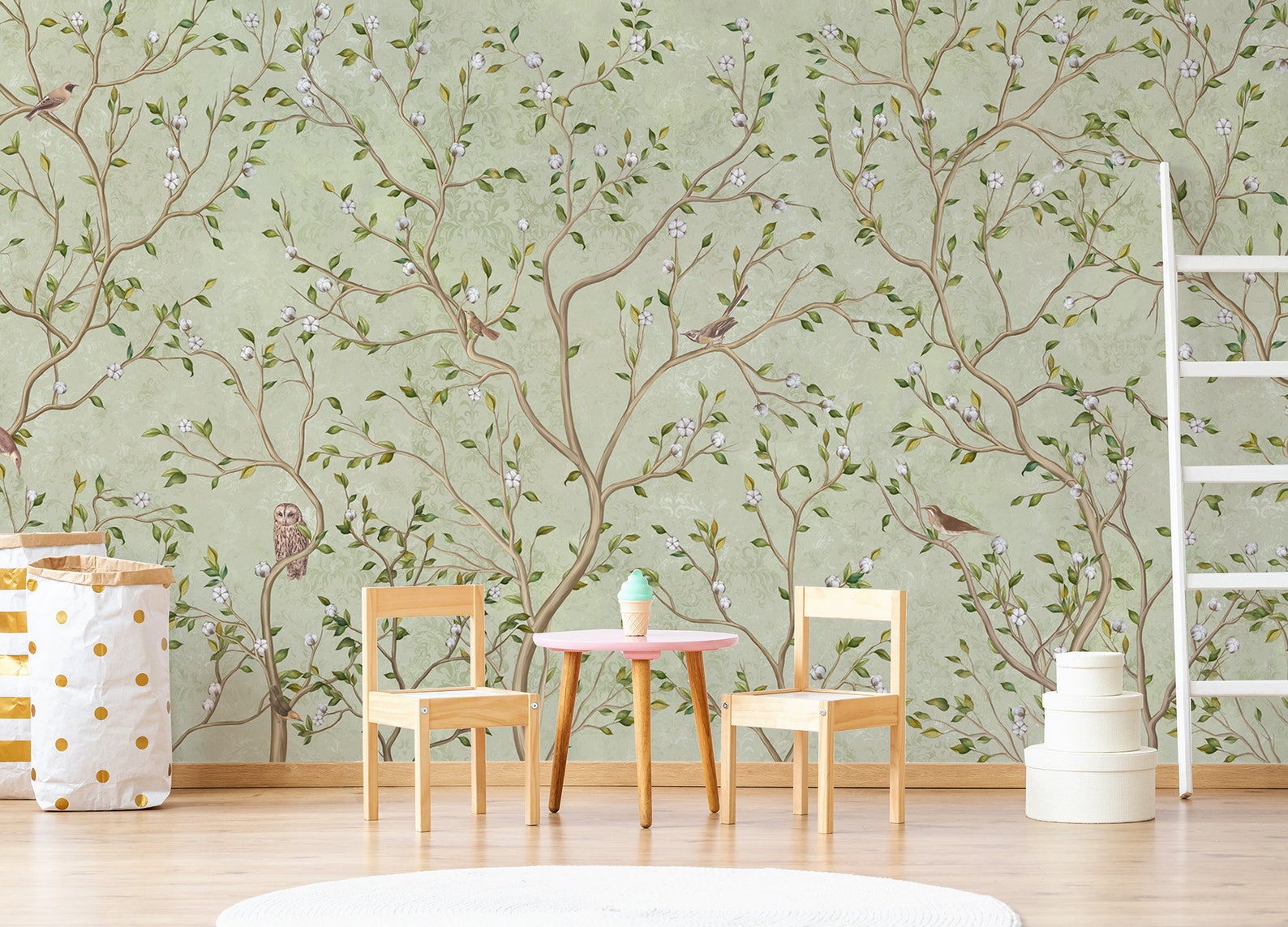 Cotton Trees Wallpaper: Birds Plants Mural, Peel Stick Self Adhesive ...