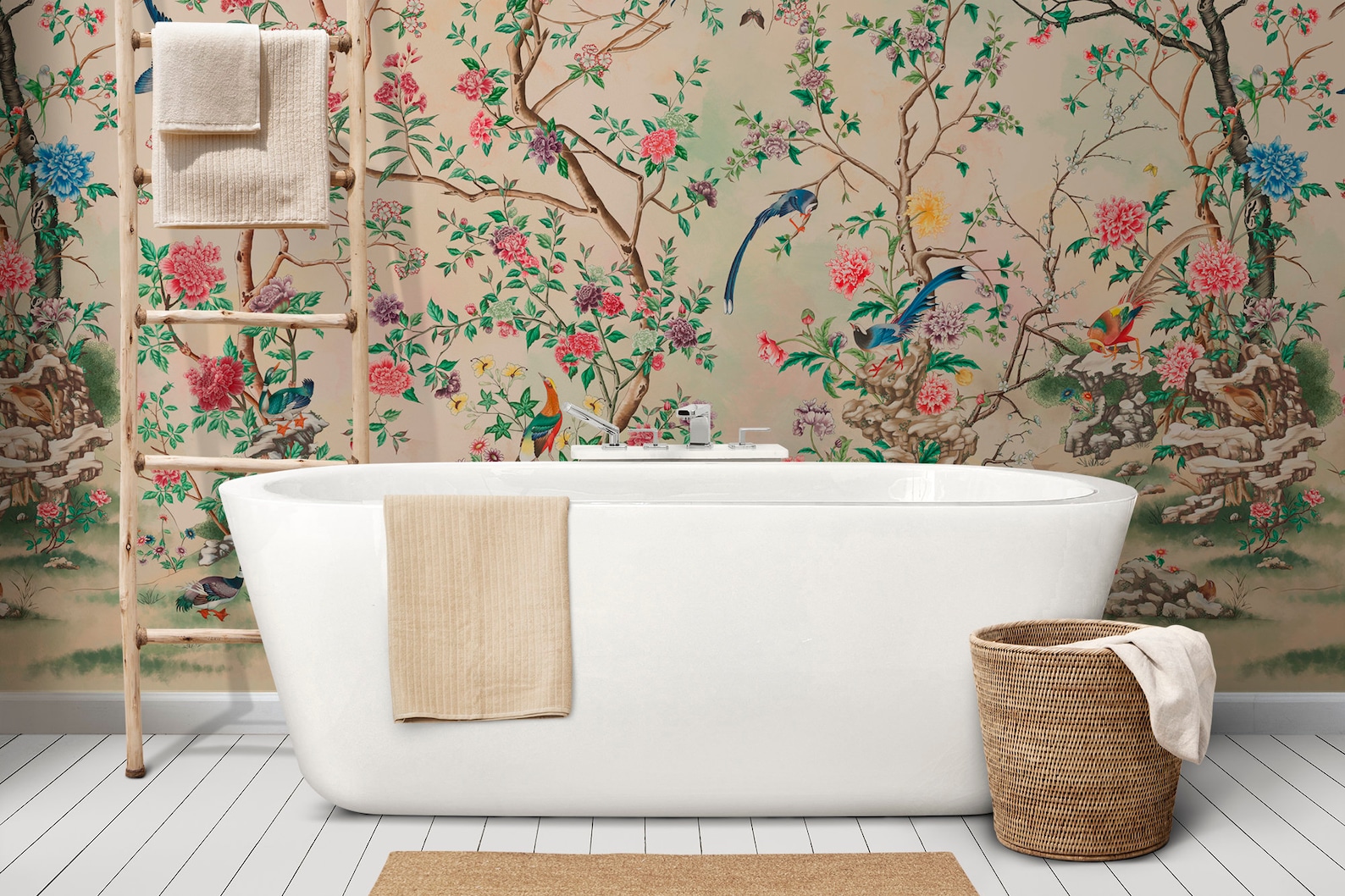 Vintage Asian Magpie Chinoiserie Mural: Peel and Stick Removable Floral ...