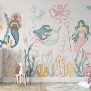 Mermaid Wallpaper, Watercolor Underwater World, Nursery Girls Wallpaper ...
