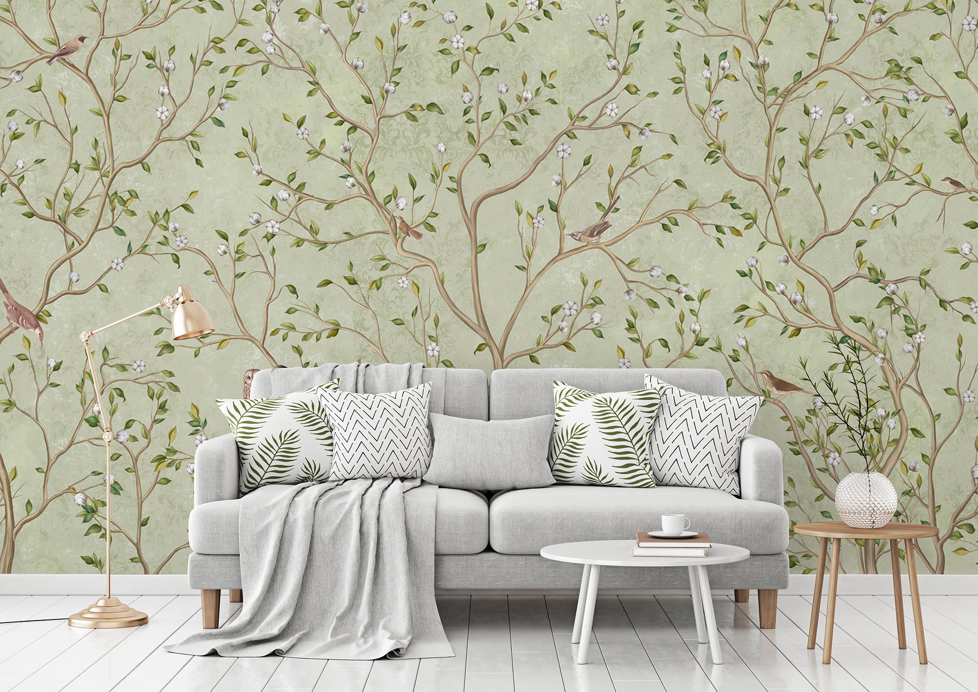 Cotton Trees Wallpaper: Birds Plants Mural, Peel Stick Self Adhesive ...