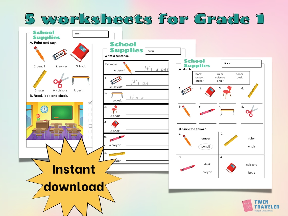 1st Grade Worksheets - School Supplies | PDF English School Objects ...