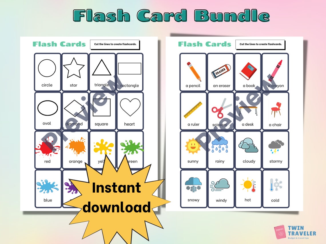 ESL Flash Card Bundle for School Supplies, Colors, Shapes, Weather ...