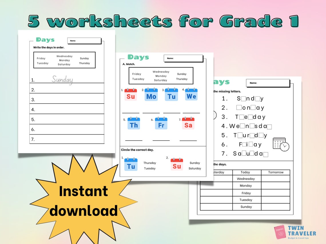 1st Grade Worksheets on Days of the Week | PDF English Days of the Week ...