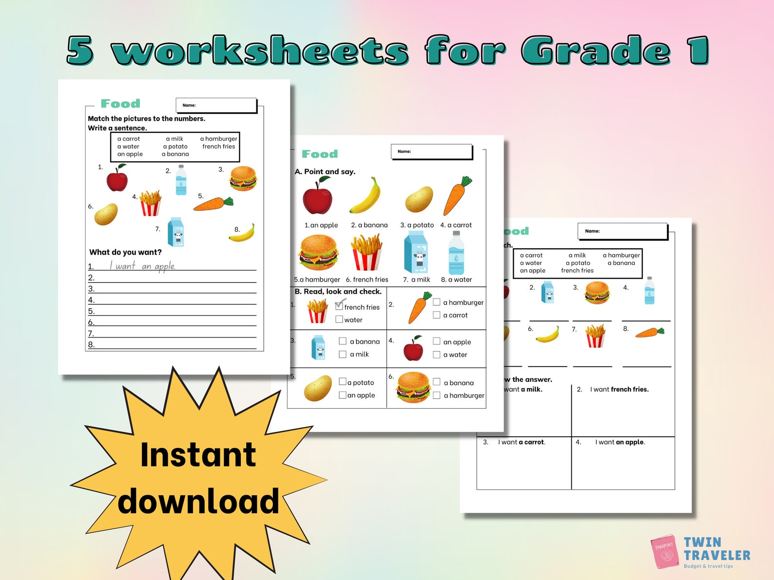 1st Grade Worksheet on Food Vocabulary | English Food Worksheet for ...