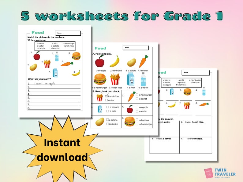1st Grade Worksheet on Food Vocabulary | English Food Worksheet for ...