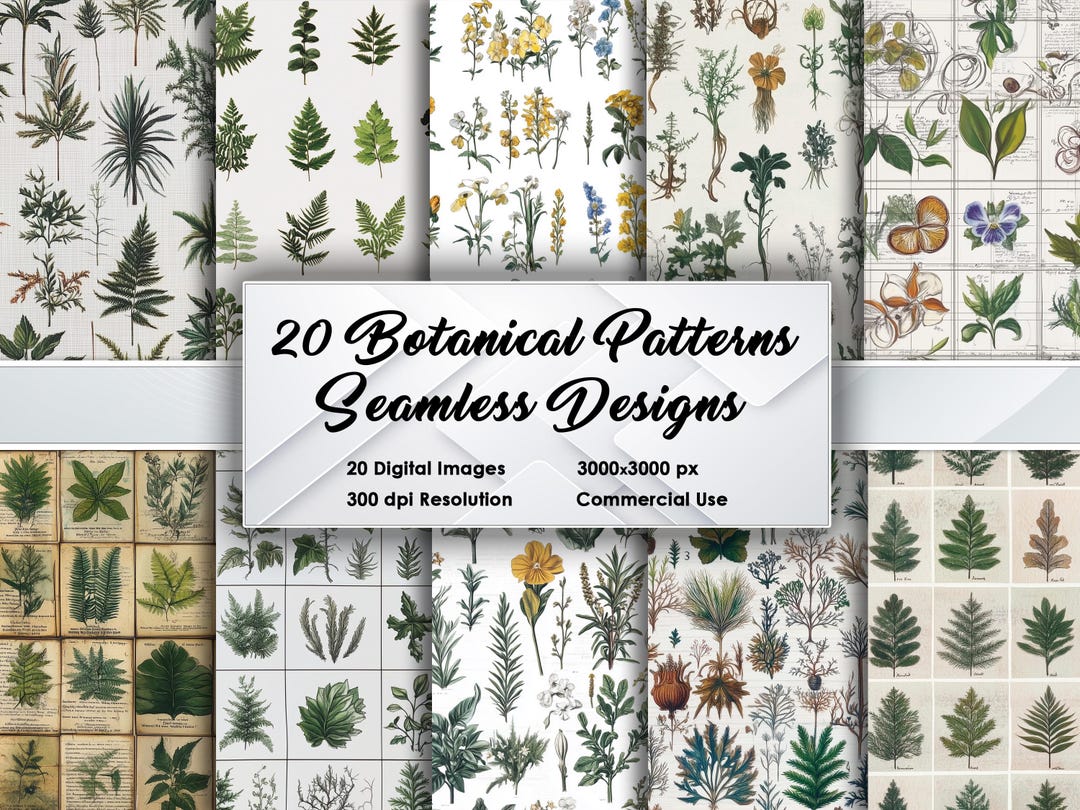 Botanical Patterns – 20 Seamless Designs 3000x3000 Px, 300 DPI, Vintage ...
