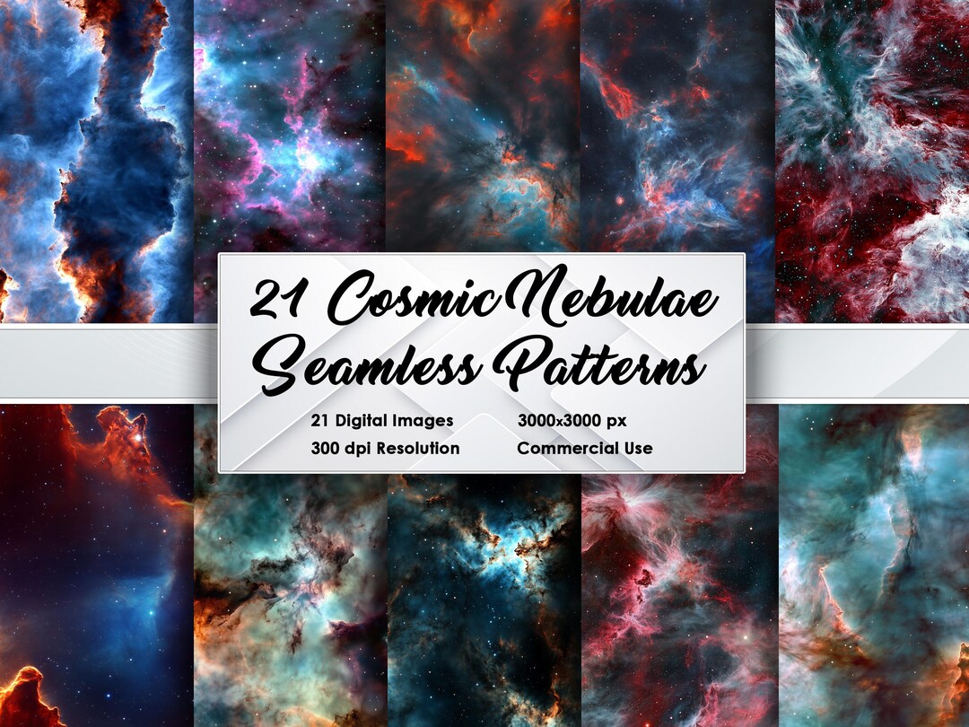 21 Cosmic Nebulae - Seamless Patterns 3000x3000 Px, 300 DPI, Monumental Space Clouds in Vivid ...