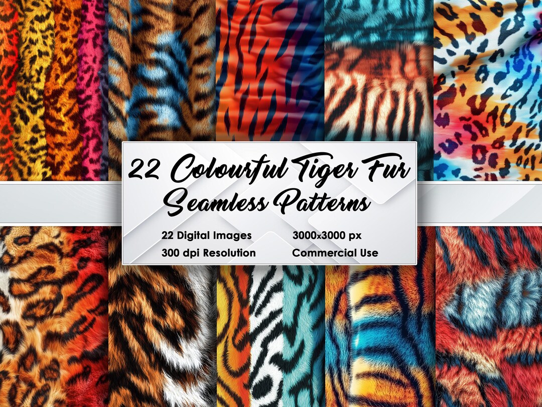 22 Colorful Tiger Fur – Seamless Patterns 3000x3000, Realistic Striped ...