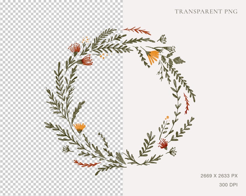 Watercolor Floral Doodle Wreath Png, Wildflower Wreath Clipart, Modern ...