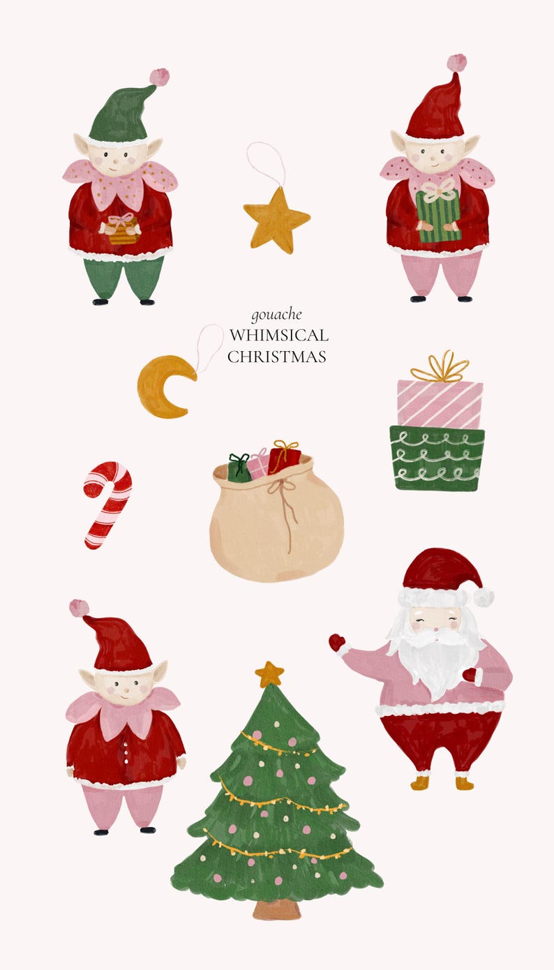 Whimsical Christmas Clipart Bundle, Cute Santa and Elf Illustrations ...