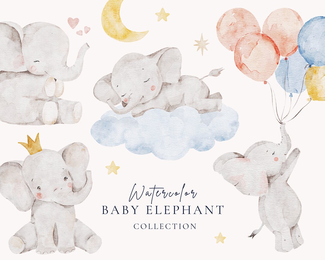 Baby Elephant Watercolor Clipart, Baby Boy Shower Decor, Baby Girl ...