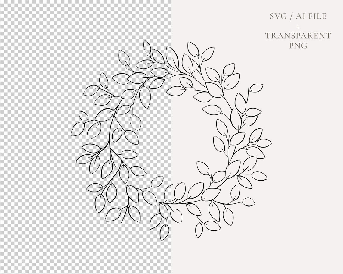 Botanical Line Art Wreath Svg Clipart, Modern Floral Wreath Svg, Leaves ...