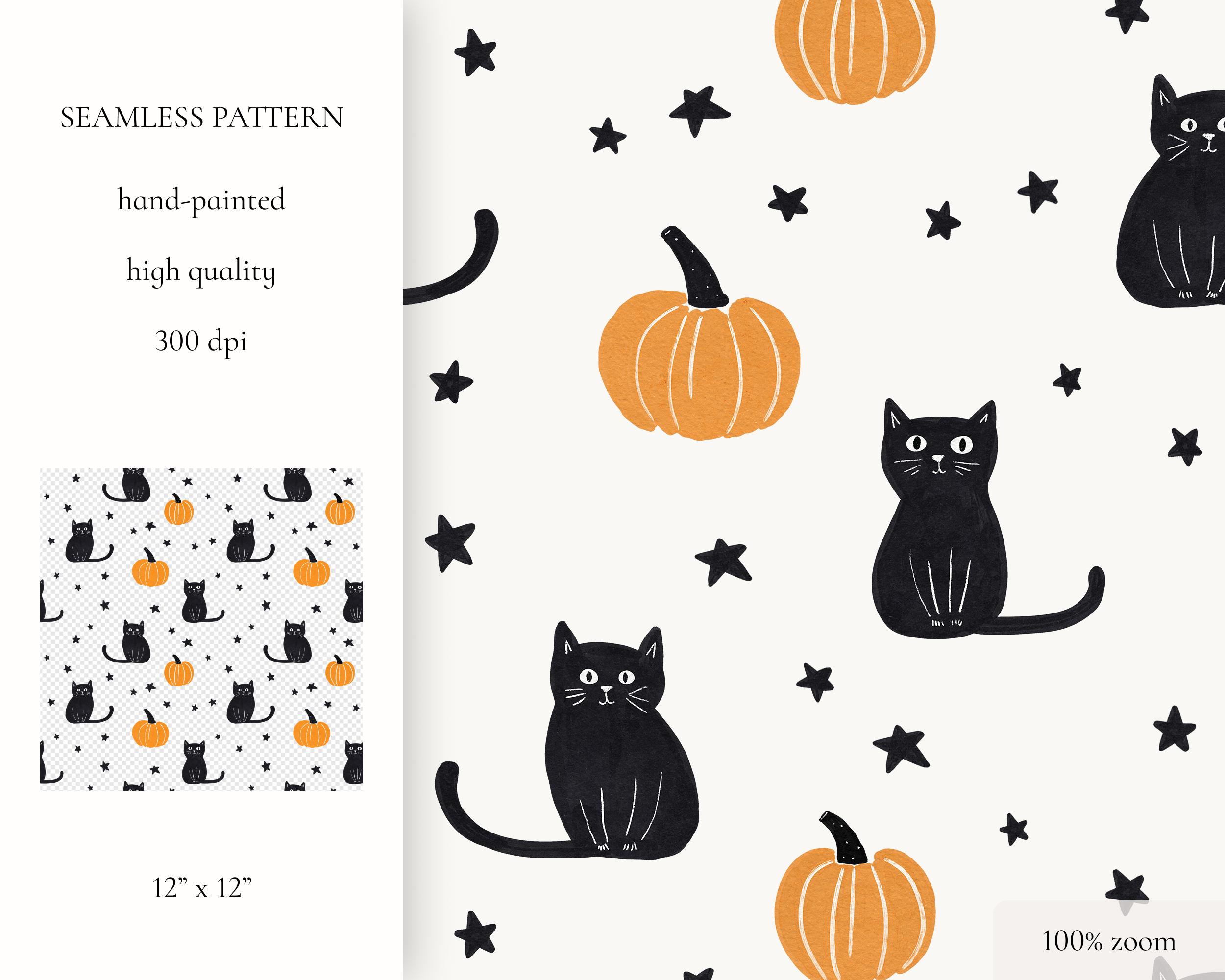 Halloween Black Cat and Pumpkin Seamless Pattern, Cute Ghost Cat ...