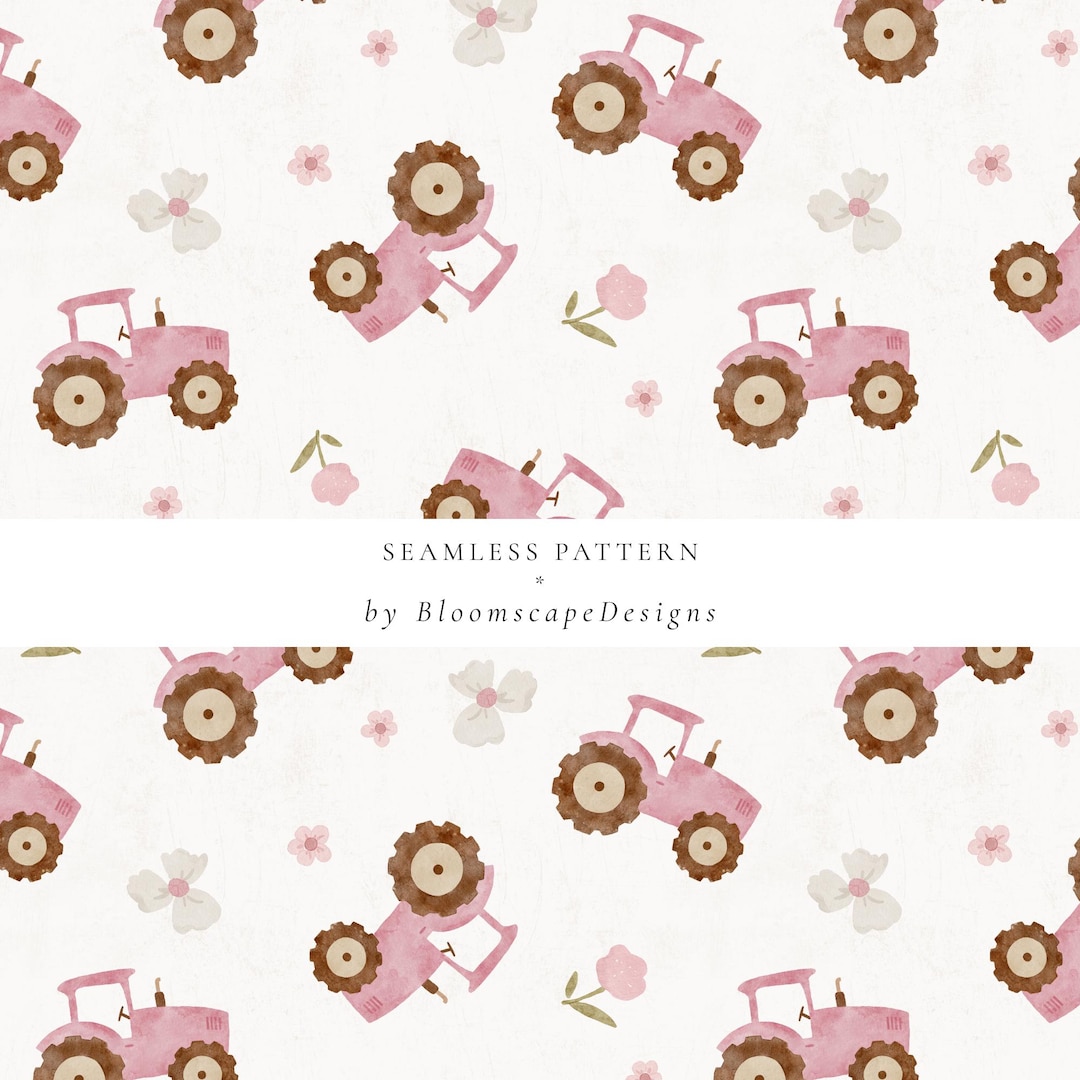 Pink Tractor Seamless Pattern, Watercolor Farm Girl Fabric, Floral Girl ...