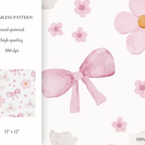 Watercolor Pink Bow Pattern, Floral Seamless Digital Paper, Cute Girly ...