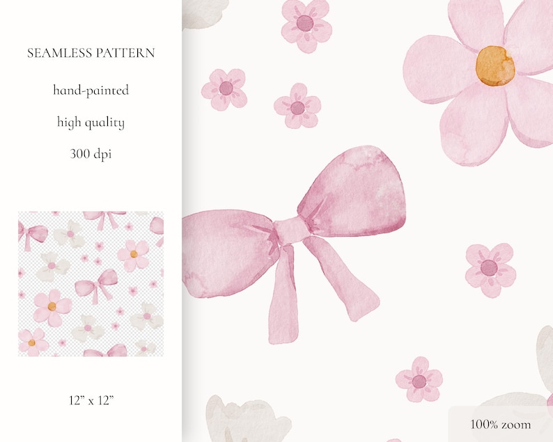 Watercolor Pink Bow Pattern, Floral Seamless Digital Paper, Cute Girly ...