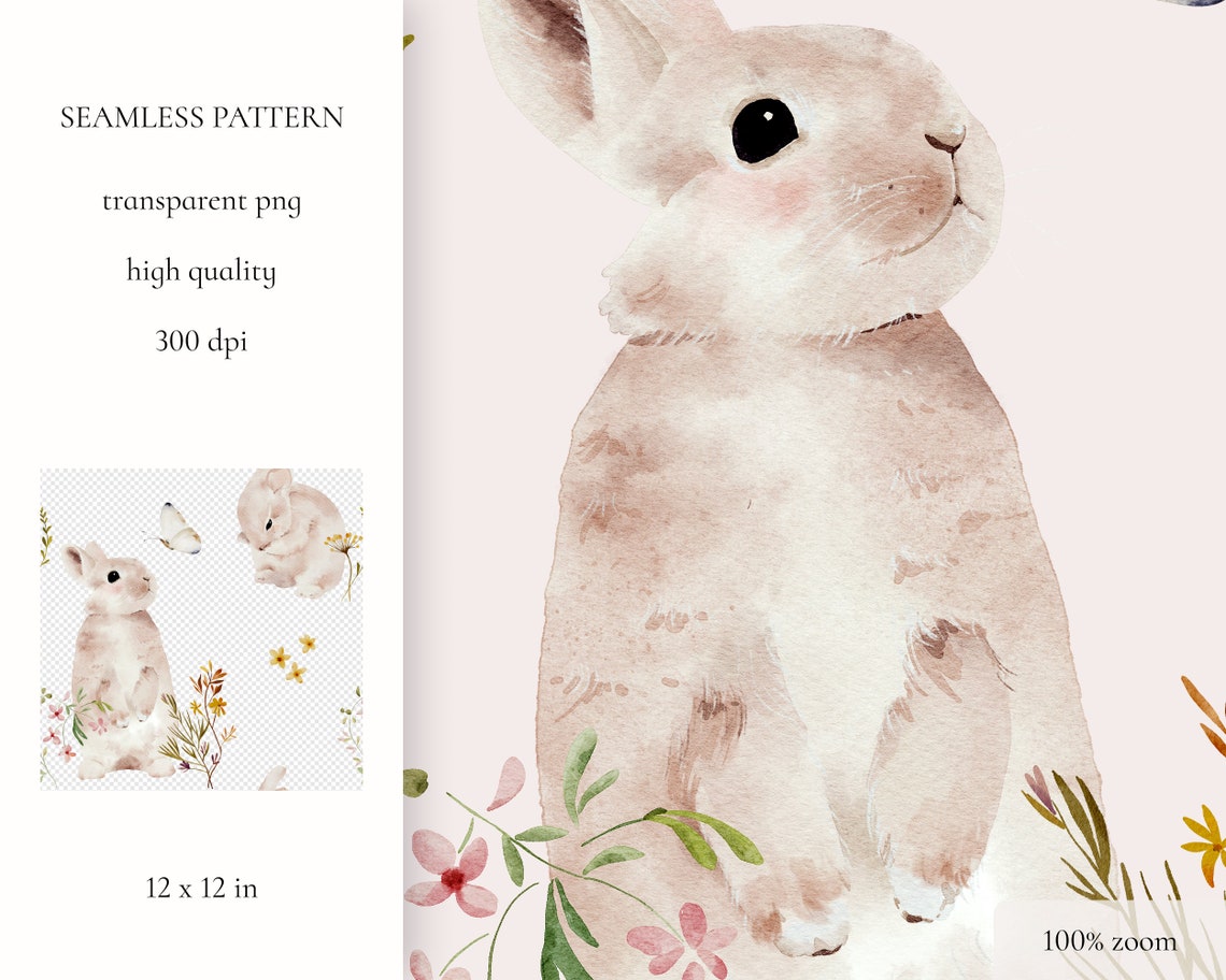 Watercolor Bunny Rabbit Digital Paper, Easter Seamless Pattern, Spring ...