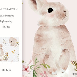 Watercolor Bunny Rabbit Digital Paper, Easter Seamless Pattern, Spring ...