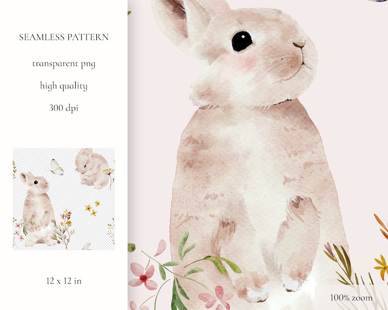 Watercolor Bunny Rabbit Digital Paper, Easter Seamless Pattern, Spring ...