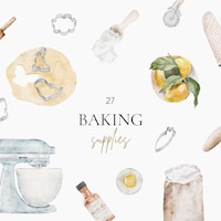 Watercolor Baking Clipart PNG Bundle Set, Baking Supplies, Home Bakery ...