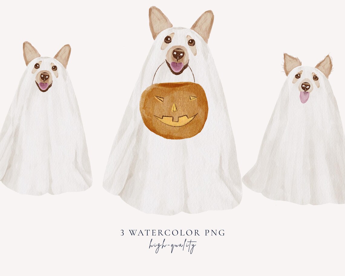 Watercolor Ghost Dog Clipart, Halloween Puppy PNG, Cute Dog in Costume ...