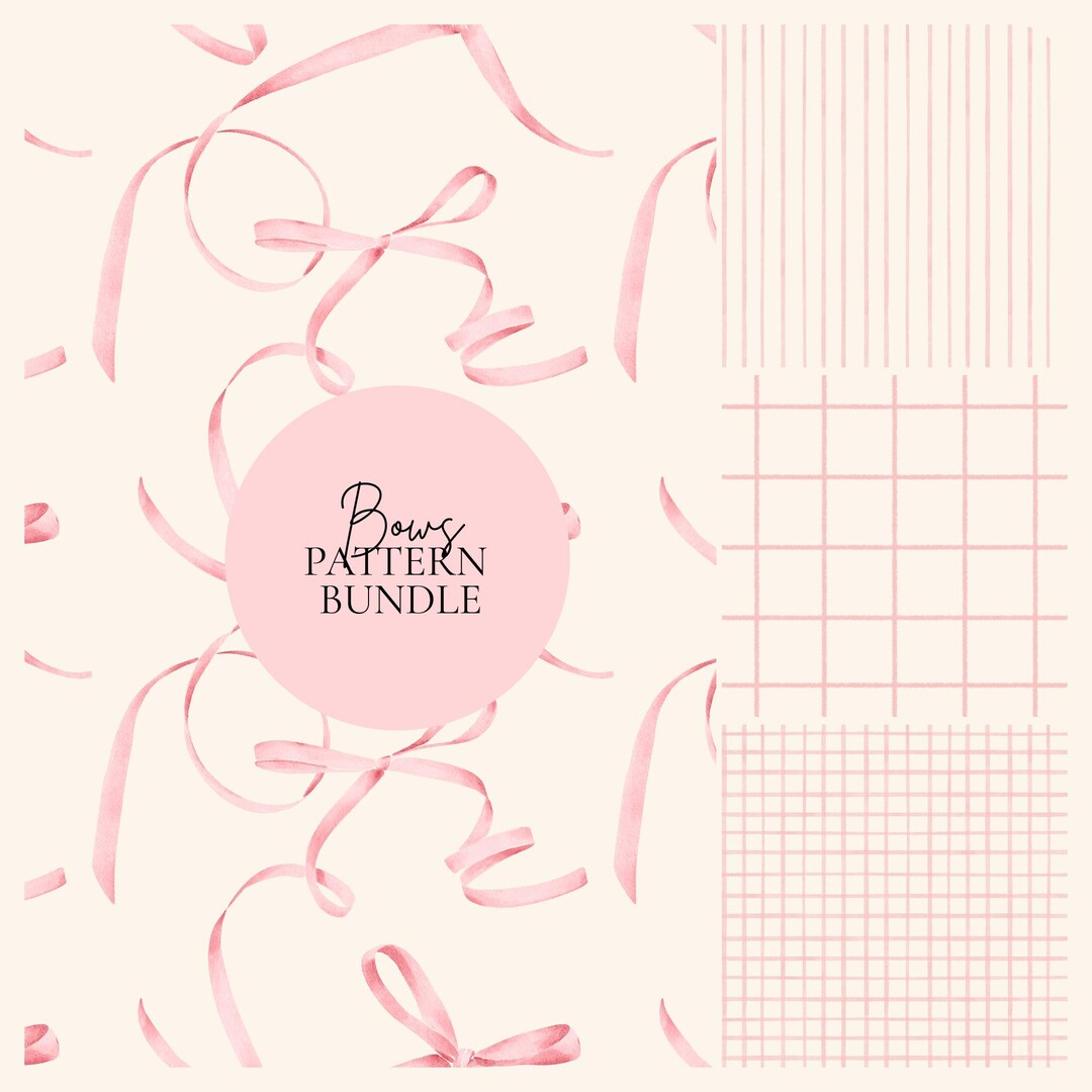 Pink Ribbon Bows Seamless Pattern Bundle, Watercolor Bow, Gingham ...